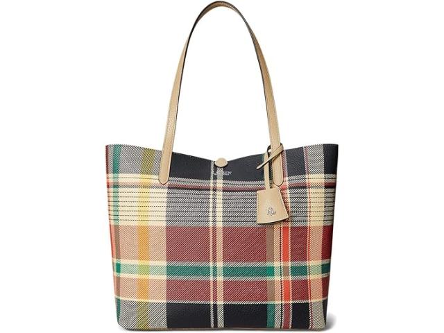 (取寄) ローレン ラルフローレン レディース フォー-レザー ラージ リバーシブル トート バッグ Lauren Ralph Lauren women Faux-Leather Large Reversible Tote Bag Sand Dune/Sunset Plaid