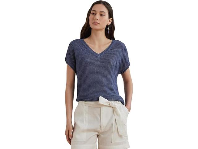 (取寄) ローレン ラルフローレン レディース リネンブレンド ショートスリーブ V-ネック セーター Lauren Ralph Lauren women Linen-Blend Short-Sleeve V-Neck Sweater Capri Blue