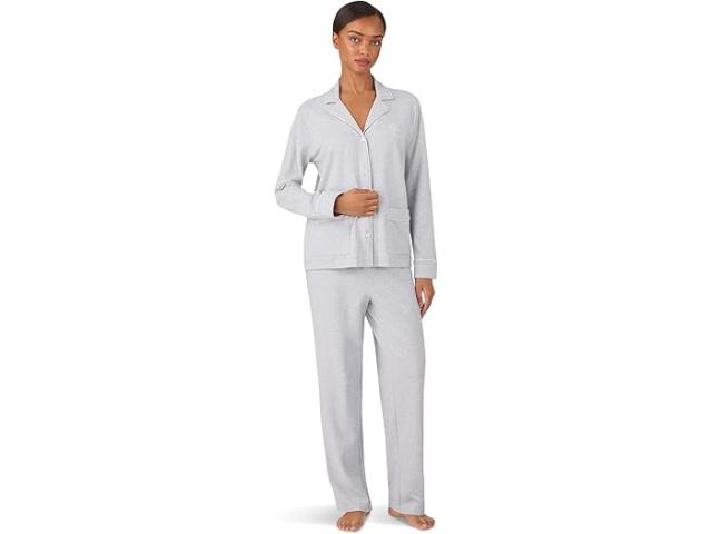 (取寄) ローレン ラルフローレン レディース ジャカード ラウンジ ロング スリーブ ノッチ カラー ロング パンツ パジャマ セット Lauren Ralph Lauren women Jaquard Lounge Long Sleeve Notch Collar Long Pant Pajama Set Grey