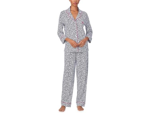 (取寄) ローレン ラルフローレン レディース 3/4 スリーブ ノッチ カラー ロング パンツ パジャマ セット Lauren Ralph Lauren women 3/4 Sleeve Notch Collar Long Pant Pajama Set Navy Floral