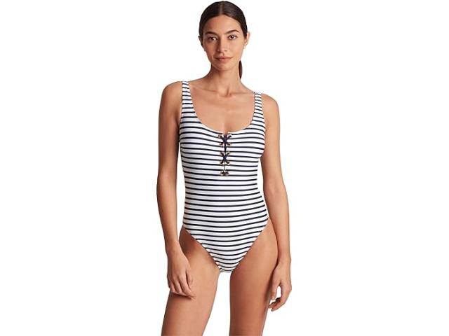 (取寄) ローレン ラルフローレン レディース ラグゼ ストライプ レース タンク ワンピース Lauren Ralph Lauren women Luxe Stripe Laced Tank One-Piece Navy White