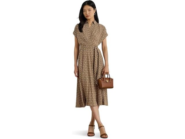 (取寄) ローレン ラルフローレン レディース ジオ-プリント ベルテッド クレープ ドレス Lauren Ralph Lauren women Geo-Print Belted Crepe Dress Taupe Multi