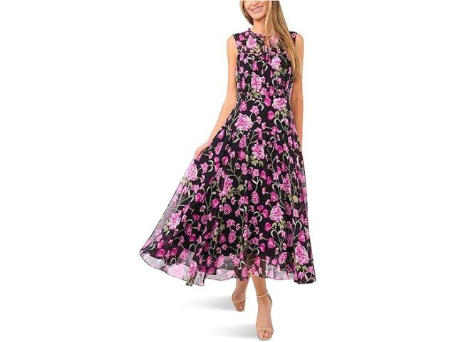 (取寄) シーシー レディース フローラル タイ ネック シャード ミディ ドレス CeCe women Floral Tie Neck Shirred Midi Dress Rich Black