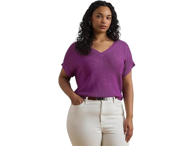 (取寄) ローレン ラルフローレン レディース プラス サイズ リネンブレンド ショートスリーブ V-ネック セーター Lauren Ralph Lauren women Plus Size Linen-Blend Short-Sleeve V-Neck Sweater Purple Dawn