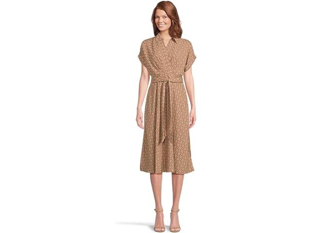 (取寄) ローレン ラルフローレン レディース ピティート ジオ-プリント ベルテッド クレープ ドレス Lauren Ralph Lauren women Petite Geo-Print Belted Crepe Dress Taupe Multi