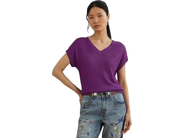 (取寄) ローレン ラルフローレン レディース リネンブレンド ショートスリーブ V-ネック セーター Lauren Ralph Lauren women Linen-Blend Short-Sleeve V-Neck Sweater Purple Dawn