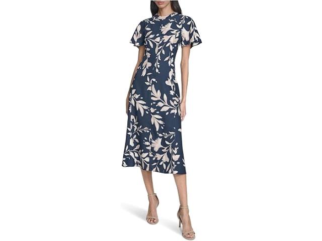 (取寄) カルバンクライン レディース フラッター スリーブ フローラル ミディ   women Flutter Sleeve Floral Midi Indigo Cashew