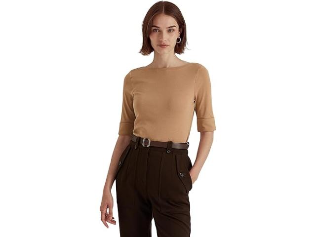 (取寄) ローレン ラルフローレン レディース ストレッチ コットン ボート ネック ティー Lauren Ralph Lauren women Stretch Cotton Boat Neck Tee Classic Camel