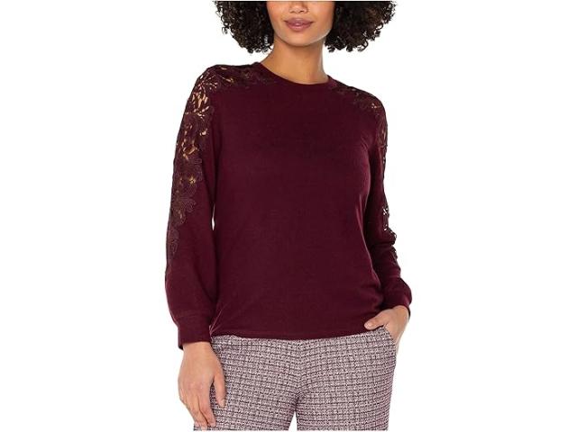 (取寄) リバプールロサンゼルス レディース ロング スリーブ クルー ネック レース インセット ニット トップ Liverpool Los Angeles women Long Sleeve Crew Neck Lace Inset Knit Top Burgundy