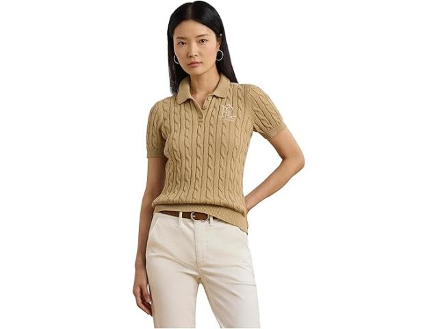 (取寄) ローレン ラルフローレン レディース ピティート ケーブルニット コットン ポロ セーター Lauren Ralph Lauren women Petite Cable-knit Cotton Polo Sweater Birch Tan