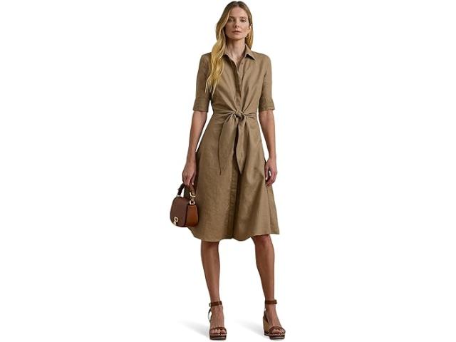 (取寄) ローレン ラルフローレン レディース タイフロント リネン シャツドレス Lauren Ralph Lauren women Tie-Front Linen Shirtdress Madison Tan