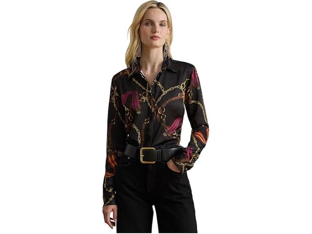 (取寄) ローレン ラルフローレン レディース クラシック フィット ベルティング-プリント サテン シャツ Lauren Ralph Lauren women Classic Fit Belting-Print Satin Shirt Black Multi