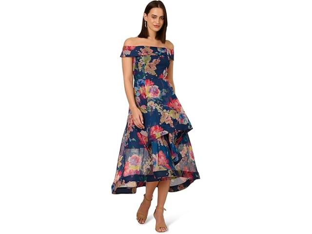 (取寄) アドリアナ パぺル レディース フローラル オーガンザ ハイ ロウ ドレス Adrianna Papell women Floral Organza High Low Dress Navy Multi