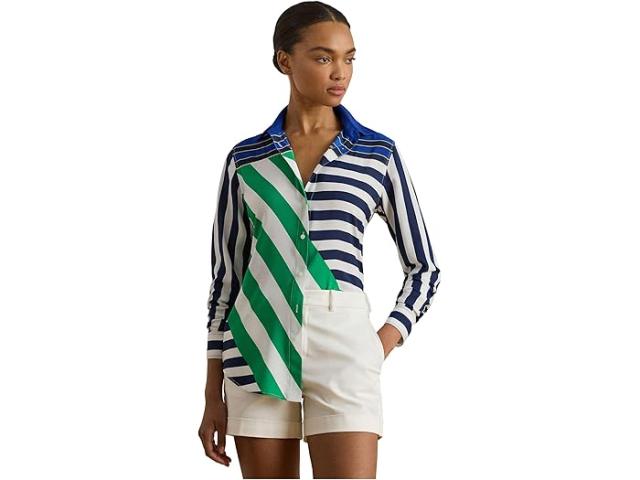 (取寄) ローレン ラルフローレン レディース クラシック フィット ストライプド クレープ シャツ Lauren Ralph Lauren women Classic Fit Striped Crepe Shirt Navy/White/Green