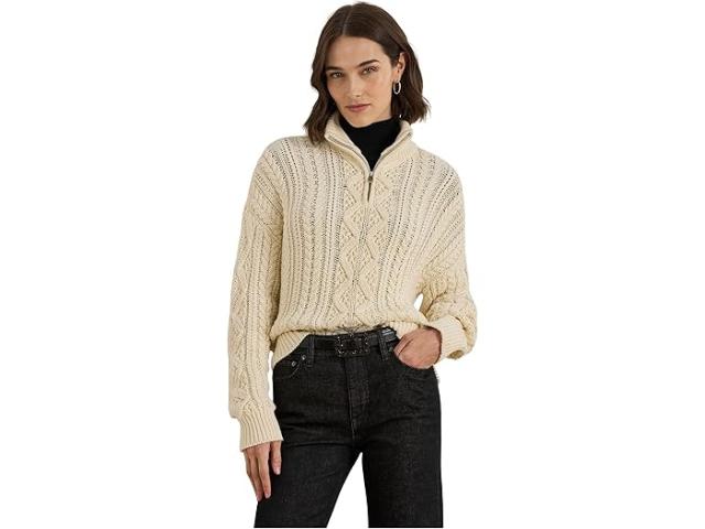 (取寄) ローレン ラルフローレン レディース アラン-ニット コットン クォーター-ジップ プルオーバー Lauren Ralph Lauren women Aran-Knit Cotton Quarter-Zip Pullover Mascarpone Cream