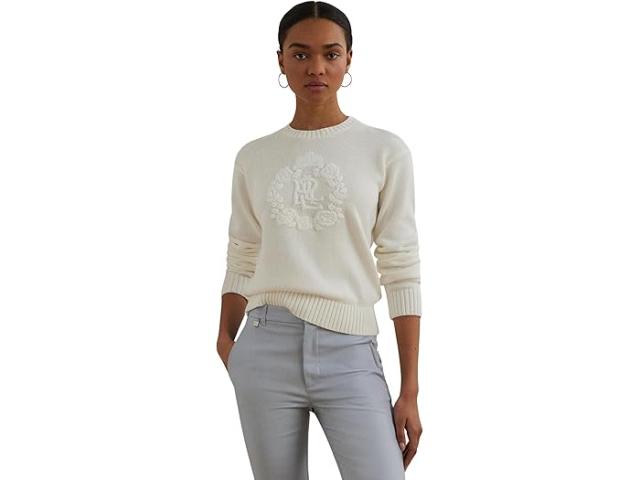 (取寄) ローレン ラルフローレン レディース フローラル-ロゴ コーム コットン セーター Lauren Ralph Lauren women Floral-logo Combed Cotton Sweater White
