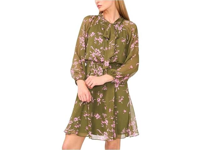 (取寄) シーシー レディース ロング スリーブ タイ ネック プリンテッド ドレス CeCe women Long Sleeve Tie Neck Printed Dress Chive