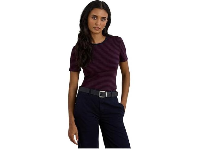 (取寄) ローレン ラルフローレン レディース ストライプド ストレッチ コットン クルーネック ティー Lauren Ralph Lauren women Striped Stretch Cotton Crewneck Tee Dark Garnet/Lauren Navy
