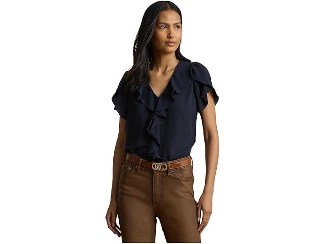 (取寄) ローレン ラルフローレン レディース フリルトリム ジョーゼット ブラウザ Lauren Ralph Lauren women Ruffle-Trim ette Blouse Lauren Navy