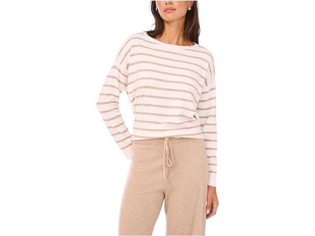(取寄) ヴィンスカムート レディース ストライプ ロング スリーブ ウィズ ロールド エッジ Vince Camuto women Stripe Long Sleeve with Rolled Edge Antique White/Warm Oatmeal Heather