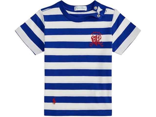 (取寄) ラルフローレン キッズ メンズ クレスト ストライプド コットン ティー (インファント) Polo Ralph Lauren Kids men Crest Striped Cotton Tee (infant) New Sapphire/White