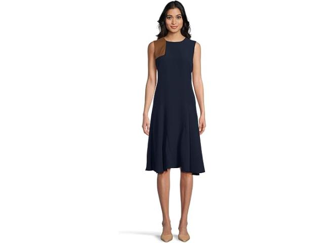 (取寄) ローレン ラルフローレン レディース フォー-レザー-トリム ジョーゼット ドレス Lauren Ralph Lauren women Faux-Leather-Trim ette Dress Lauren Navy/Cuoio