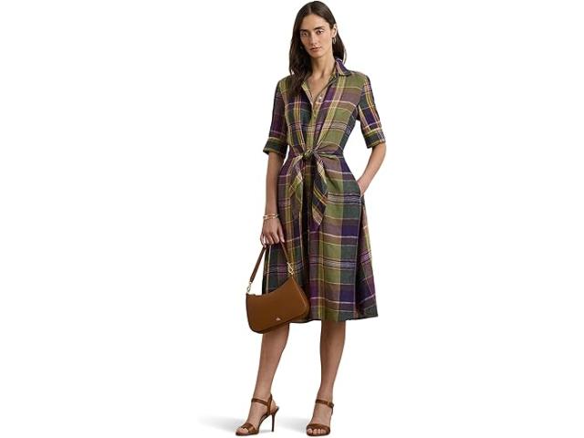 (取寄) ローレン ラルフローレン レディース プレイド タイ フロント リネン シャツドレス Lauren Ralph Lauren women Plaid Tie Front Linen Shirtdress Purple/Green Multi