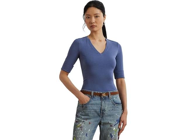 (取寄) ローレン ラルフローレン レディース ストレッチ コットン エルボー-スリーブ V-ネック ティー Lauren Ralph Lauren women Stretch Cotton Elbow-Sleeve V-Neck Tee Capri Blue
