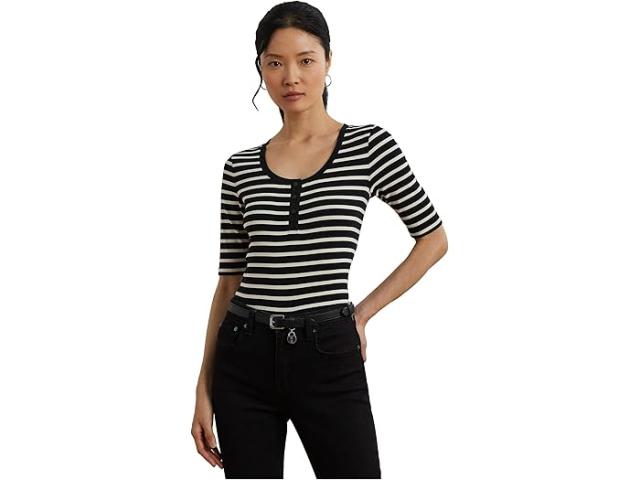 (取寄) ローレン ラルフローレン レディース ストライプド エルボー-スリーブ ヘンリー トップ Lauren Ralph Lauren women Striped Elbow-sleeve Henley Top Black/Mascarpone Cream