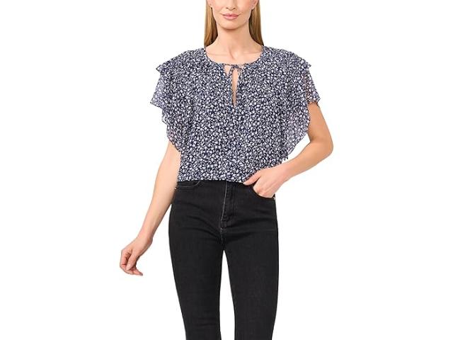 (取寄) シーシー レディース プリンテッド タイ ネック ダブル ラッフルド スリーブ トップ CeCe women Printed Tie Neck Double Ruffled Sleeve Top Classic Navy