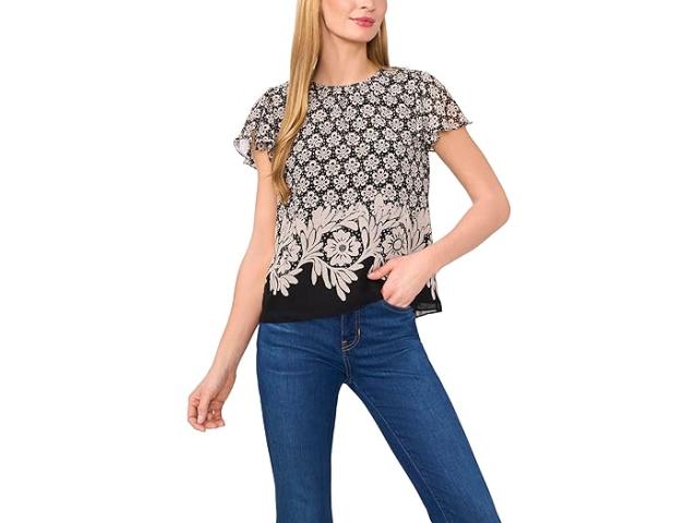 (取寄) シーシー レディース ショート フラッター スリーブ クルー ネック トップ CeCe women Short Flutter Sleeve Crew Neck Top Rich Black