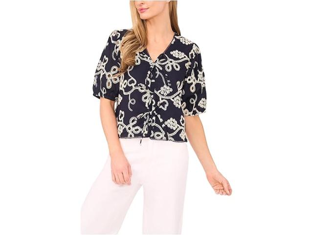 (取寄) シーシー レディース エンプロイダリー ショート スリーブ オープン タイ フロント トップ CeCe women Embrodiery Short Sleeve Open Tie Front Top Night Shade