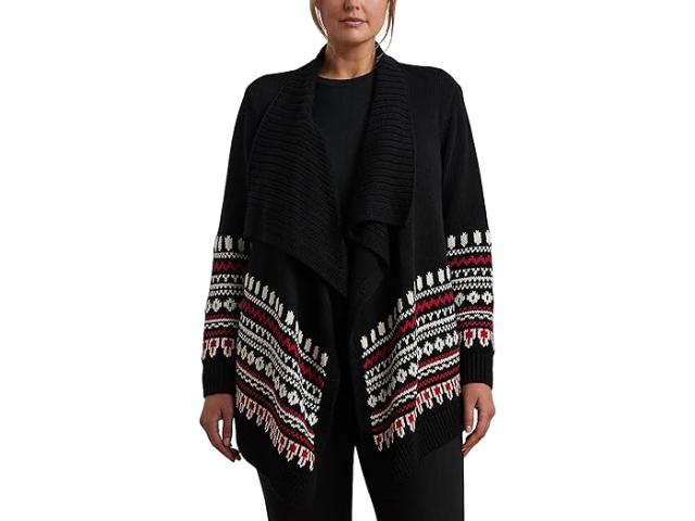 (取寄) ローレン ラルフローレン レディース プラス サイズ フェア アイル コットン ショール-カラー カーディガン Lauren Ralph Lauren women Plus Size Fair Isle Cotton Shawl-Collar Cardigan Black/Cream/Red