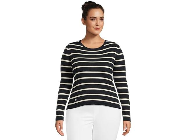 (取寄) ローレン ラルフローレン レディース ストライプド リブ-ニット クルー ネック セーター Lauren Ralph Lauren women Striped Rib-Knit Crew Neck Sweater Lauren Navy/Mascarpone Cream