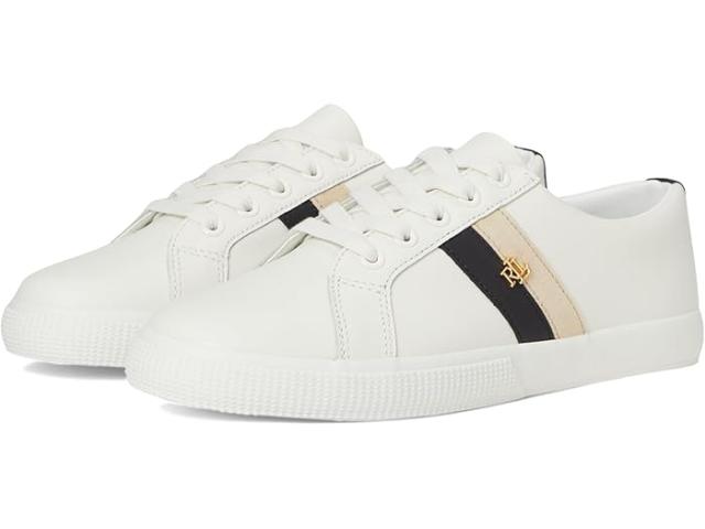 (取寄) ローレン ラルフローレン レディース ジャンソン リ カラーブロックト レザー スニーカー Lauren Ralph Lauren women Janson II Color-Blocked Leather Sneakers  White/Black/Sand Dune