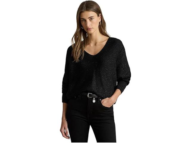 (取寄) ローレン ラルフローレン レディース メタリック リブ-ニット ドルマン-スリーブ セーター Lauren Ralph Lauren women llic Rib-Knit Dolman-Sleeve Sweater Black llic
