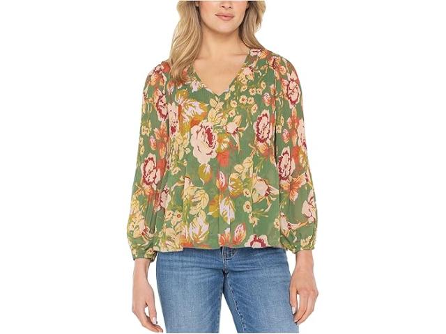 (取寄) リバプールロサンゼルス レディース ロング スリーブ V-ネック プリーツ トップ Liverpool Los Angeles women Long Sleeve V-neck Pleated Top Green Multi Floral