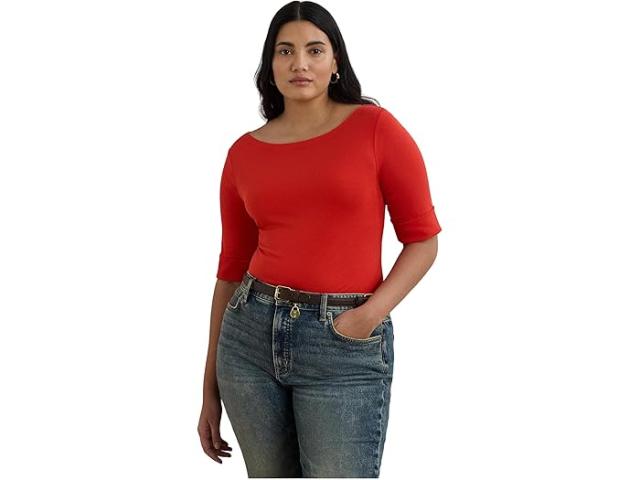 (取寄) ローレン ラルフローレン レディース プラス サイズ ストレッチ コットン ボートネック トップ Lauren Ralph Lauren women Plus Size Stretch Cotton Boatneck Top Bright Vermilion