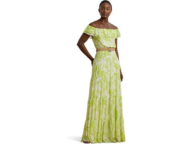 (取寄) ローレン ラルフローレン レディース フローラル ジョーゼット オフ-ザ-ショルダー ガウン Lauren Ralph Lauren women Floral ette Off-The-Shoulder Gown Green/White