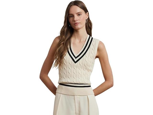 (取寄) ローレン ラルフローレン レディース ケーブルニット コットン クリケット セーター ベスト Lauren Ralph Lauren women Cable-knit Cotton Cricket Sweater Vest Mascarpone Cream/Black
