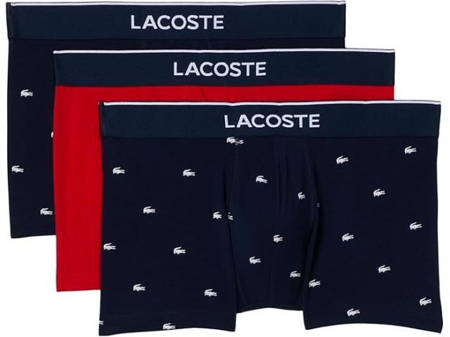 (取寄) ラコステ メンズ 3-パック プリンテッド ストレッチ トランクス Lacoste men 3-pack Printed Stretch Trunks Navy Blue/Red