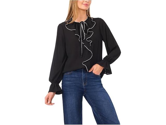(取寄) シーシー レディース ロング スリーブ ボタンダウン ラッフル トップ CeCe women Long Sleeve Button-Down Ruffle Top Rich Black