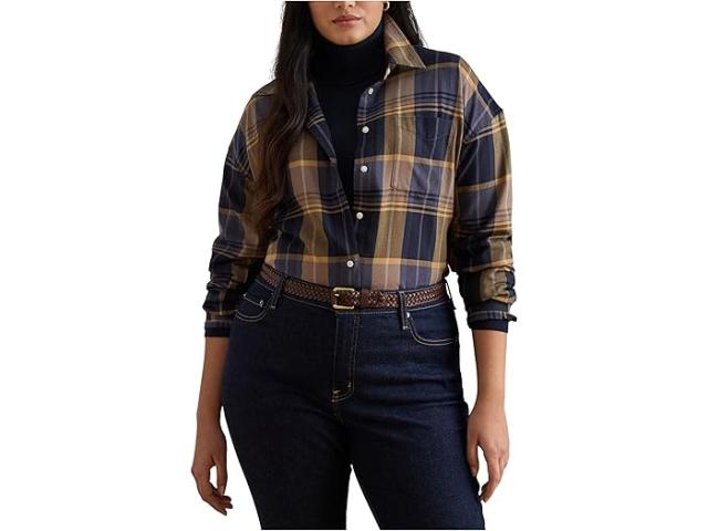 (取寄) ローレン ラルフローレン レディース プラス サイズ リラックスド-フィット フィット プレイド コットン ツイル シャツ Lauren Ralph Lauren women Plus Size Relaxed Fit Plaid Cotton Twill Shirt Blue/Tan Multi