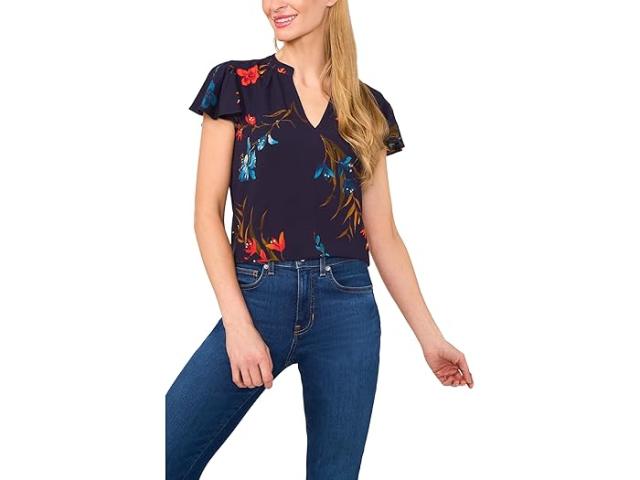 (取寄) シーシー レディース V-ネック シャード ネック フラッター スリーブ ブラウザ CeCe women V-neck Shirred Neck Flutter Sleeve Blouse Classic Navy