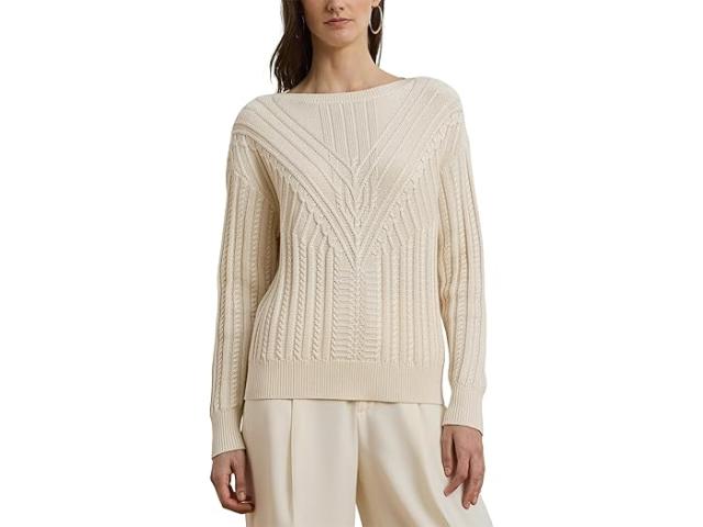 (取寄) ローレン ラルフローレン レディース ケーブルニット コットンブレンド ボートネック セーター Lauren Ralph Lauren women Cable-Knit Cotton-Blend Boatneck Sweater Mascarpone Cream
