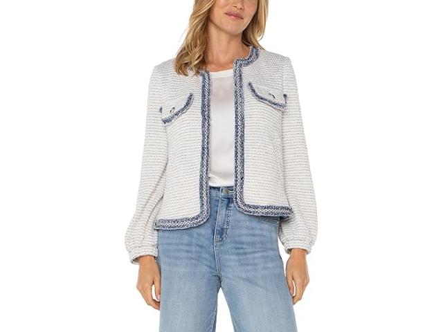 (取寄) リバプールロサンゼルス レディース カラーレス ジャケット w フレイ ディテール Liverpool Los Angeles women Collarless Jacket w Fray Detail Cream Navy Boucle