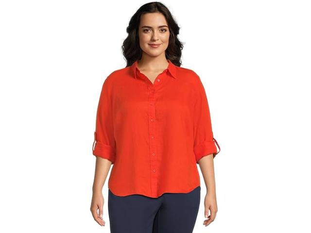 (取寄) ローレン ラルフローレン レディース プラス-サイズ リネン ロール タブ - スリーブ シャツ Lauren Ralph Lauren women Plus-Size Linen Roll TabSleeve Shirt Orange Lily