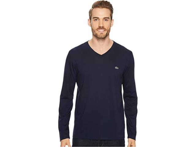 (取寄) ラコステ メンズ ロング スリーブ ピマ ジャージ V-ネック Tシャツ Lacoste men Long Sleeve Pima Jersey V-Neck T-Shirt Navy Blue