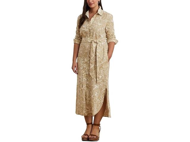 (取寄) ローレン ラルフローレン レディース プラス サイズ フローラル リネン シャツドレス Lauren Ralph Lauren women Plus Size Floral Linen Shirtdress Cream/Tan