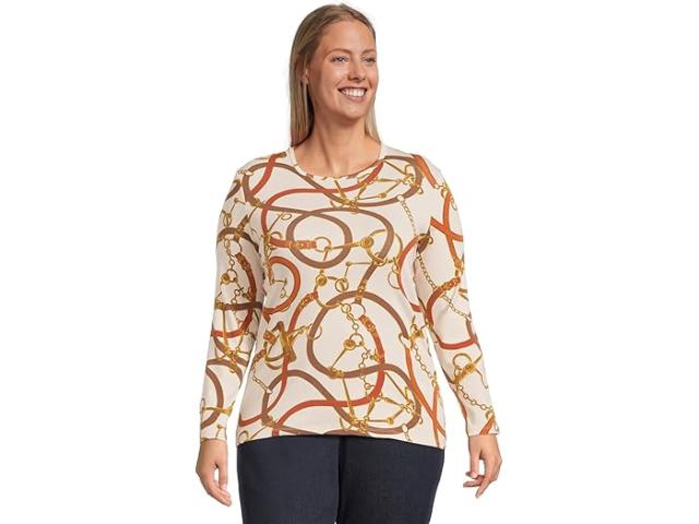 (取寄) ローレン ラルフローレン レディース プラス サイズ ベルティング-プリント コットン ロング-スローブ ティー Lauren Ralph Lauren women Plus Size Belting-Print Cotton Long-Sleeve Tee Cream Multi